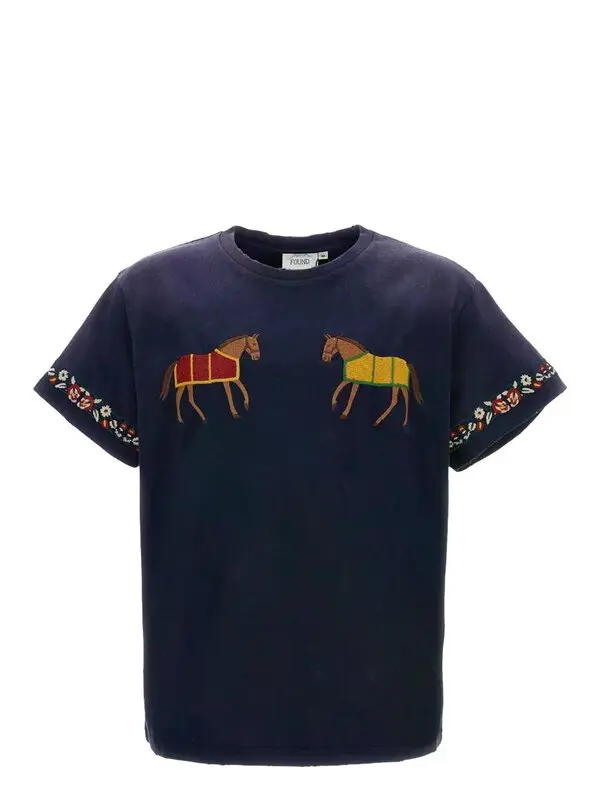 FOUND Horse-embroidered Floral-detail T-shirt - Blue