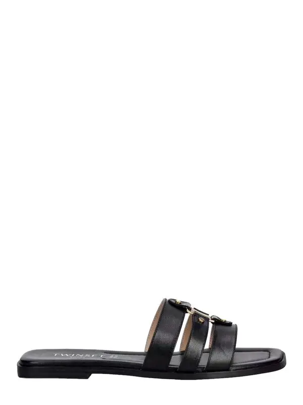 TWINSET Leather Sliders With Gold-tone Logo Plaque - Black