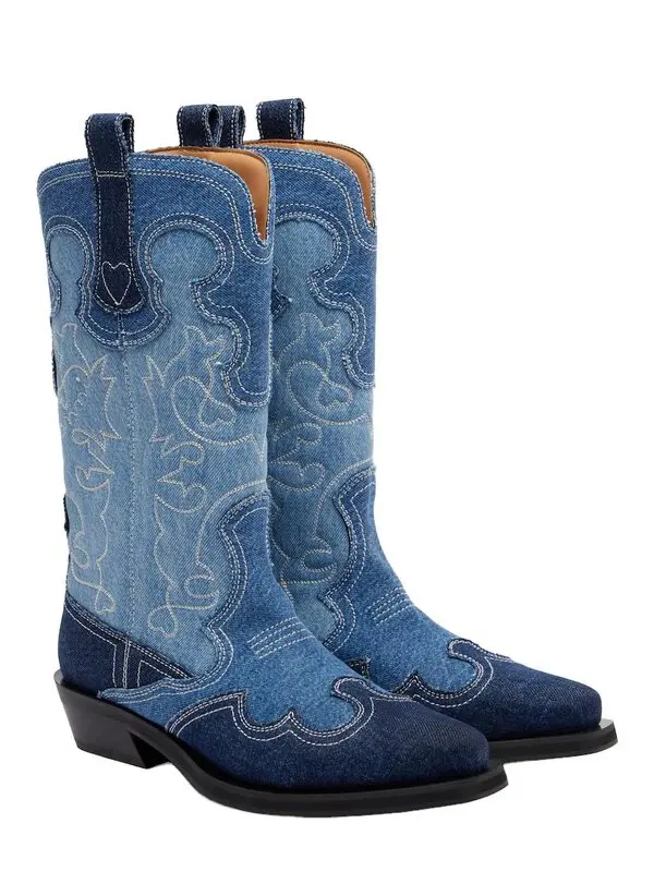 GANNI Denim Cowboy Boots - Blue