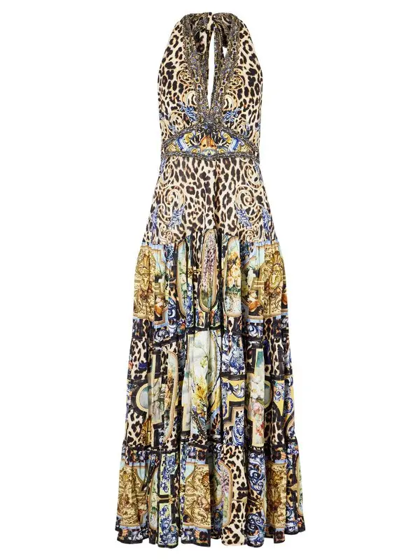 Camilla Tiered Crystal-embellished Printed Jersey Maxi Dress - Multi