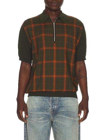 BEAMS Half Zip Panel Polo Ombre Plaid - Olive