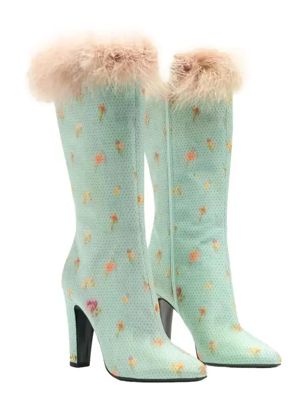Valentino Garavani Hotty Boots In Chiné Fabric With Floral And Polka-dot Pattern And Feathers - Blue
