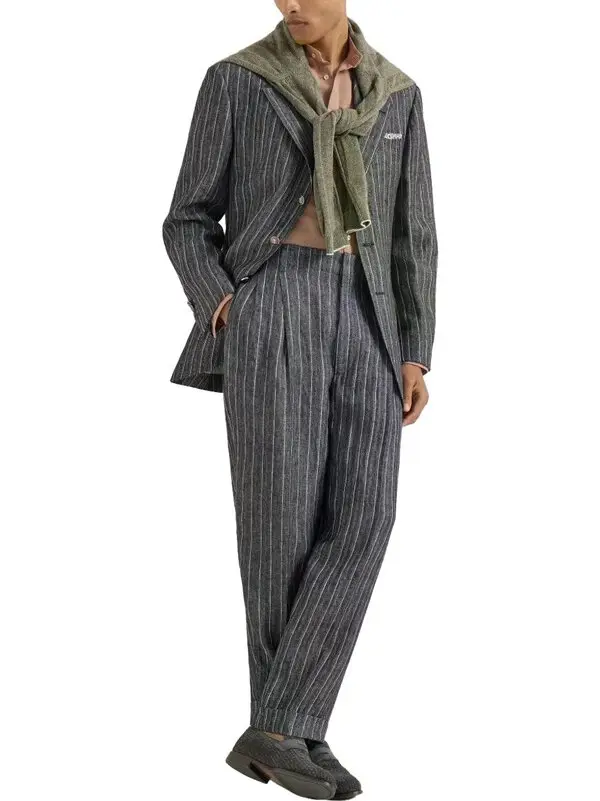 Brunello Cucinelli Linen Chalk Stripe Chevron Tailor Blazer With Metal Buttons - Grey