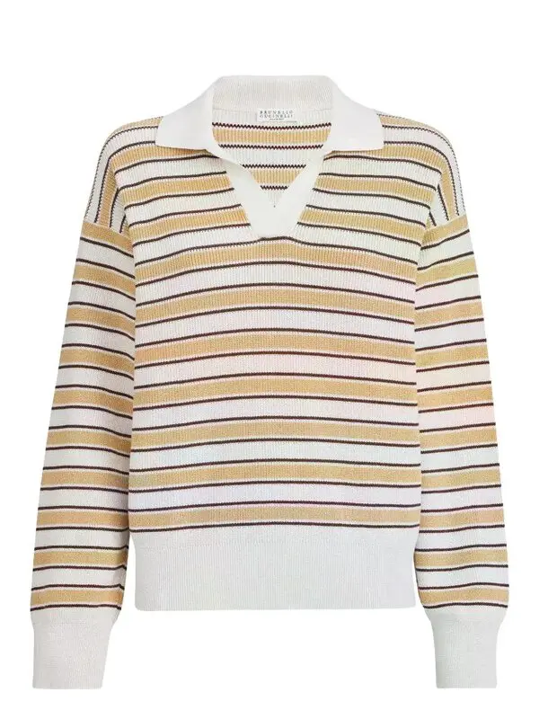 Brunello Cucinelli Cotton Knit Polo With Sparkling Stripes - Neutrals