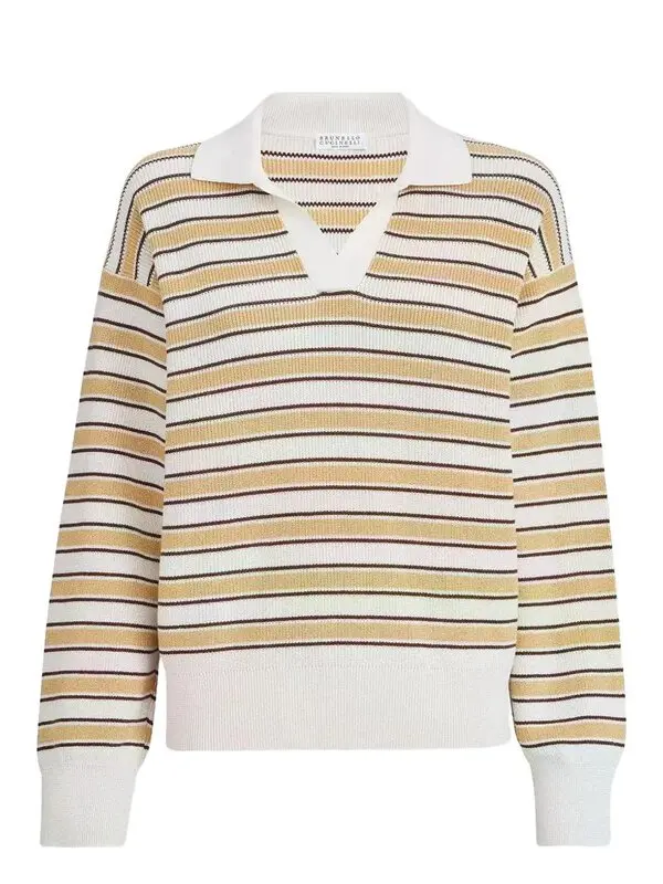 Brunello Cucinelli Cotton Knit Polo With Sparkling Stripes - Neutrals