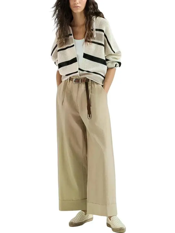 Brunello Cucinelli Techno Cotton Poplin Box Pleat Trousers With Monili - Neutrals