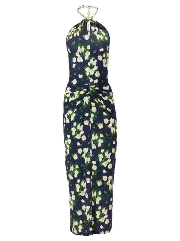 Carolina Herrera Floral-print Jersey Halterneck Dress - Blue