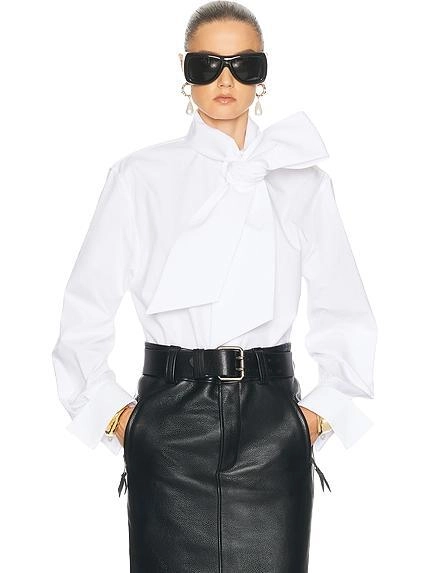 Saint Laurent Cotton Poplin Blouse With Attached Scarf - Blanc