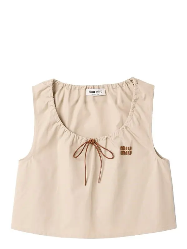 Miu Miu Panama Cotton Crop Top With Scoop Neck And Lettering Logo - Limestone
