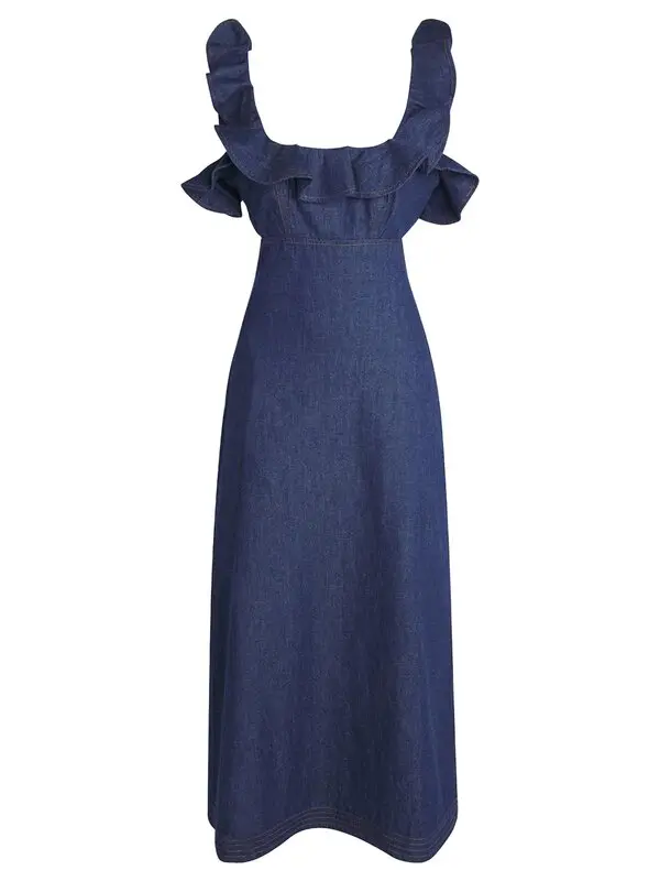 Zimmermann Aster Denim Frilled Midi Dress - Navy