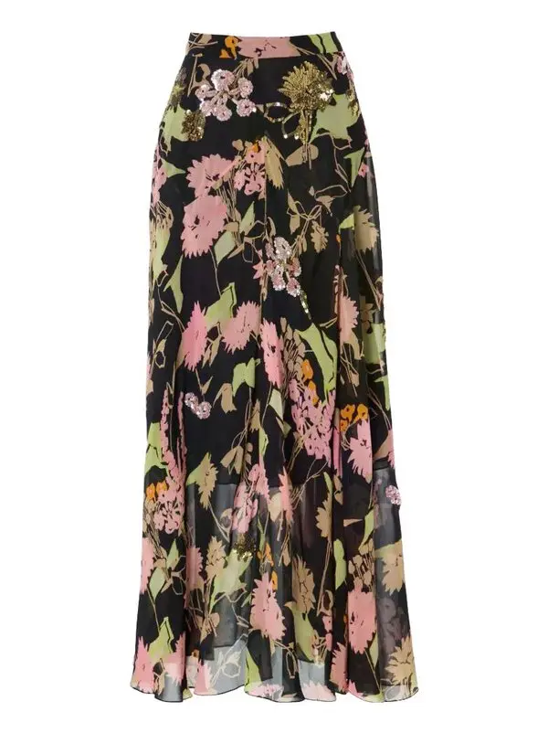 TEMPERLEY LONDON Maisie Floral-print Sequin-embellished Maxi Skirt - Black
