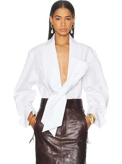 Saint Laurent Asymmetrical Tie Blouse In White Poplin - Blanc