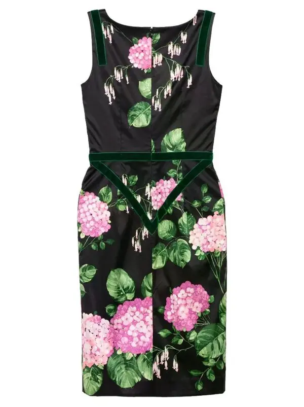 Dolce & Gabbana Floral Printed Velvet Trim Dress - Black