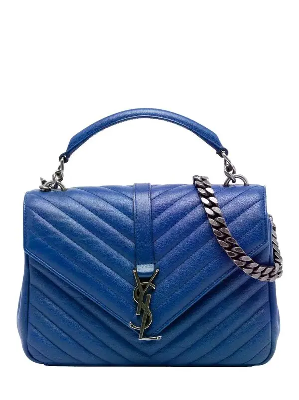 Saint Laurent 2015 Medium Quilted Chevron Sheepskin College Satchel - Blue