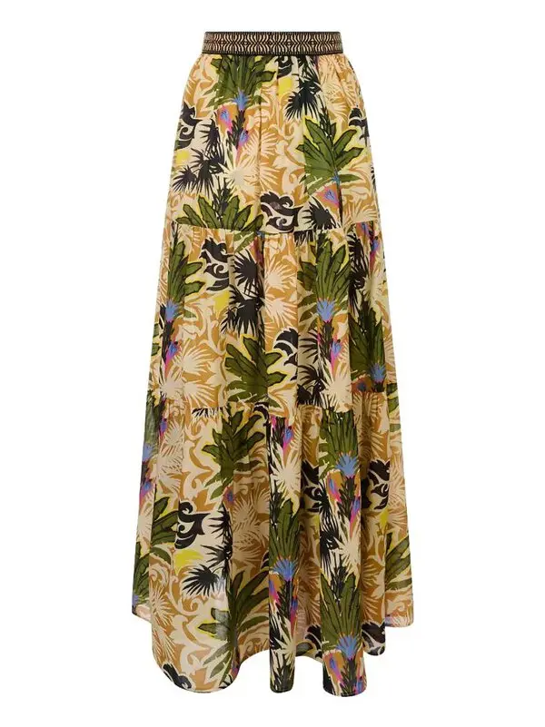 Anjuna Tropical Print Tiered Maxi Skirt - Neutrals