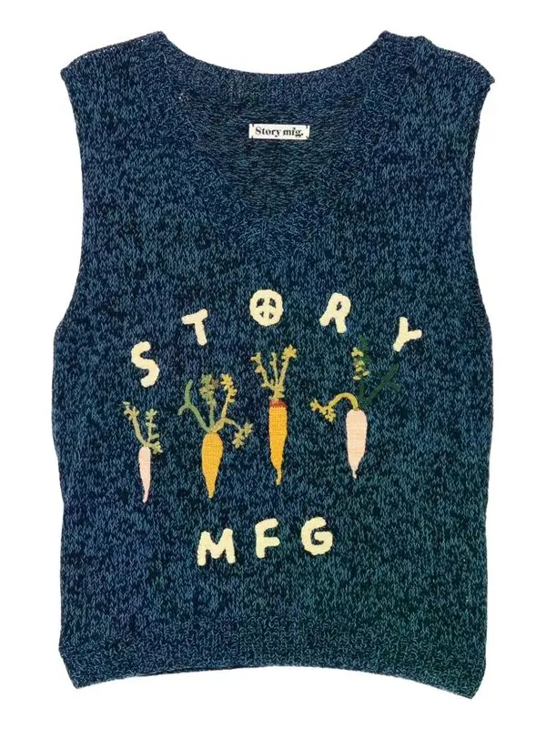 STORY MFG. Sleeveless Embroidered V-neck Vest - Blue