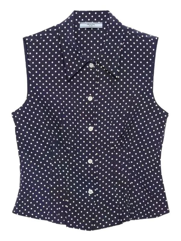 Prada Sleeveless Polka-dot Marocain Silk Shirt - Blue