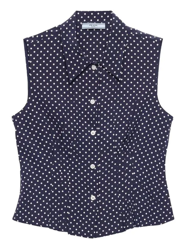 Prada Sleeveless Polka-dot Marocain Silk Shirt - Blue/white