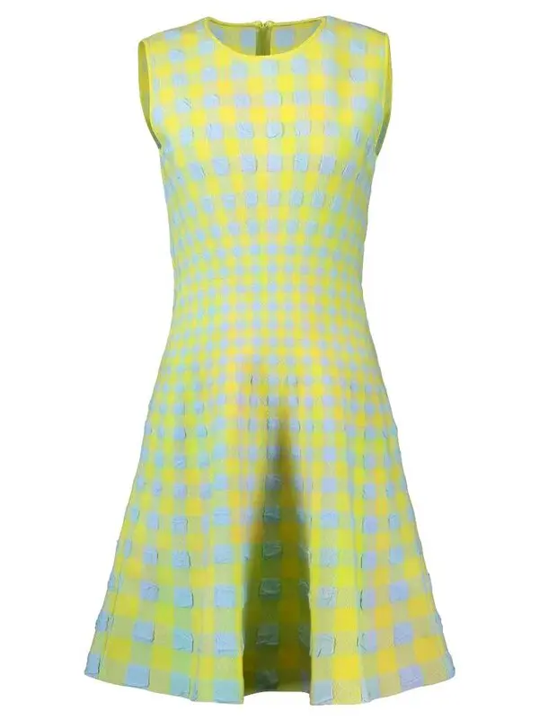 Oscar De La Renta Gingham Check Sleeveless Round Neck Dress - Yellow