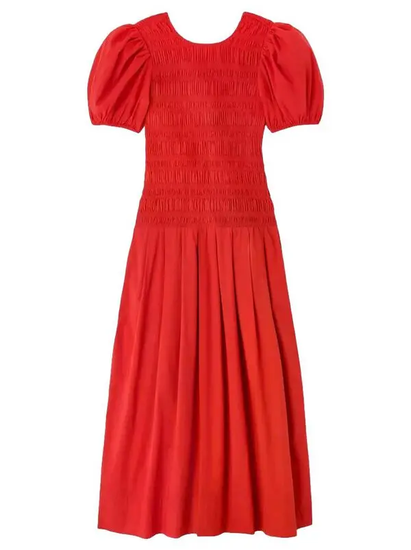 GANNI Smocked Puff-sleeve Organic Cotton Dress - Red