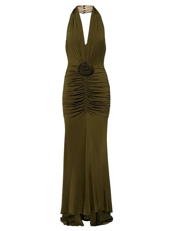 Blumarine Floral-applique Ruched Maxi Dress - Green