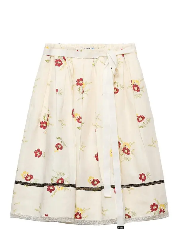 Prada Floral Print Linen Skirt With Tie Belt - Ruby Red