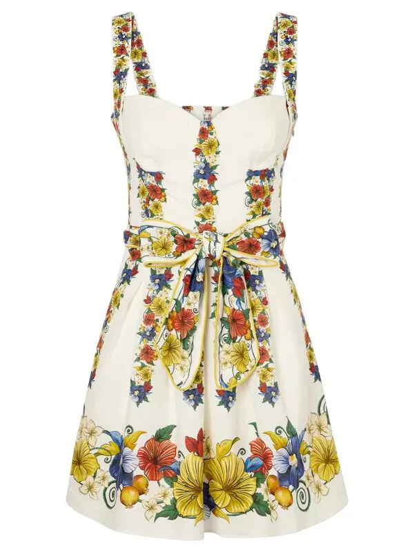 Farm Rio Tropi Belted Printed Linen-blend Mini Dress - Neutrals