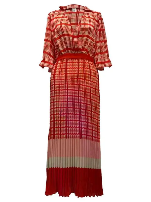 Iris & Ink Multicolor Check Pleated Maxi Dress - Red
