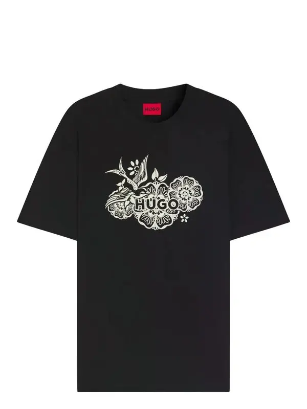 Hugo Flora-print Logo-detail T-shirt - Black