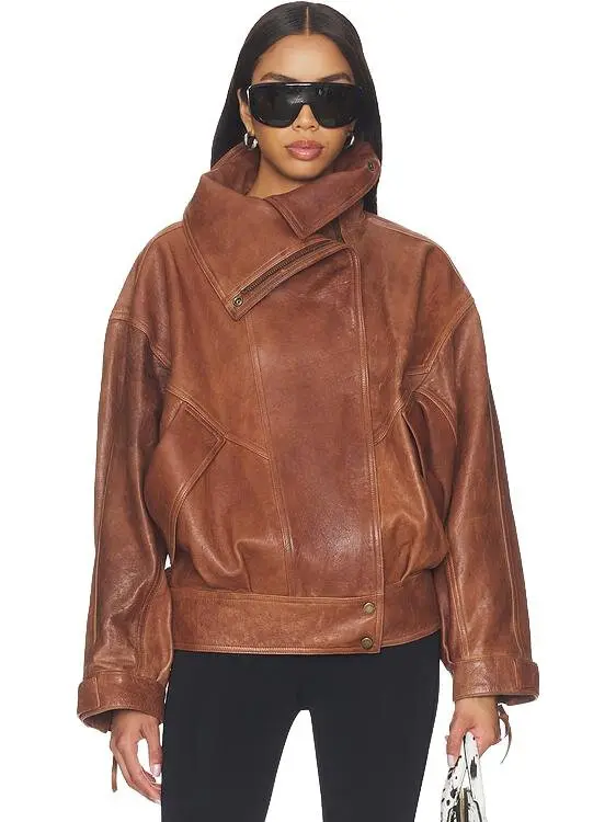 Balmain High Collar Lambskin Blouson In Maroon In . Also - Brown