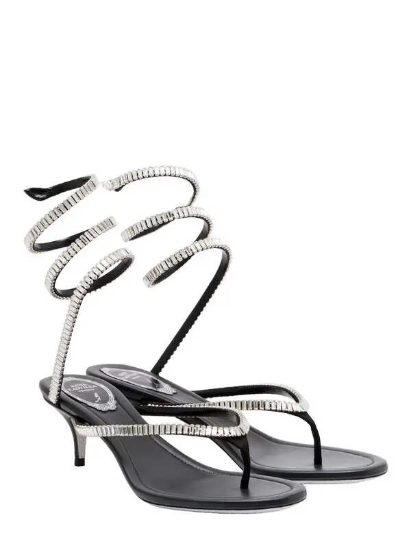 Rene Caovilla Embellished Satin Thong Sandals - Black