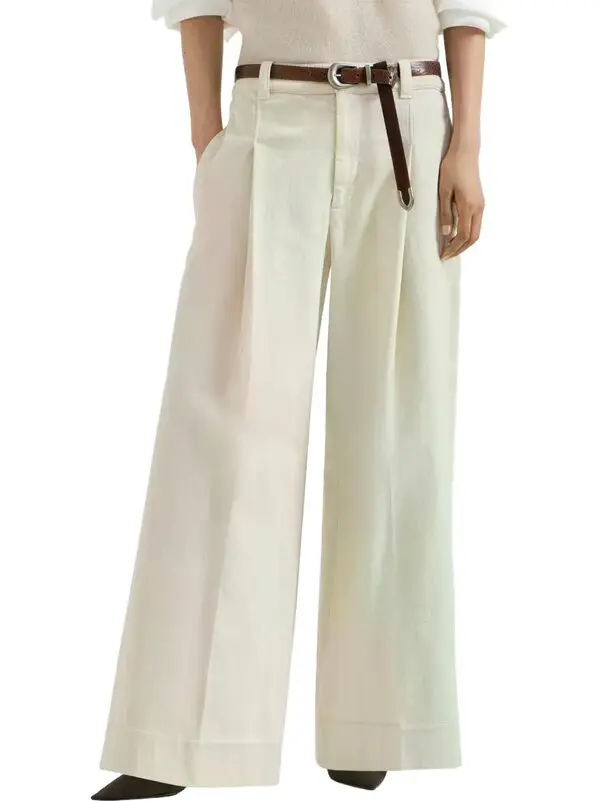 Brunello Cucinelli Pleated Wide Leg Trousers With Monili Detail - Neutrals