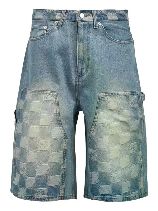 BREATH Check Pattern Distressed Denim Shorts - Blue