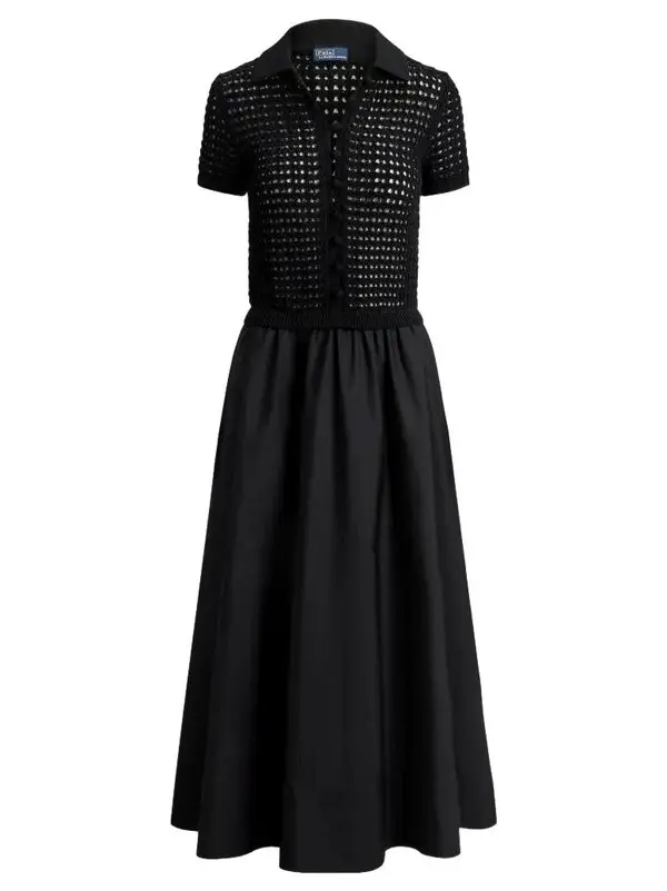 Polo Ralph Lauren Crochet Knit Collared Cotton A-line Dress - Black