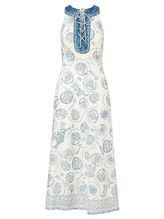 ALEMAIS Lucky Lace-up Linen Midi Dress - Ivory