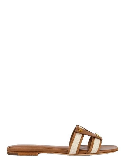 Veronica Beard Leather And Cotton-linen Canvas Slides - Brown