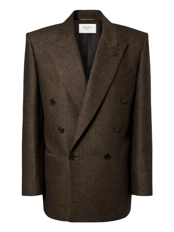 Saint Laurent Herringbone Double-breasted Wool Blazer - Brown