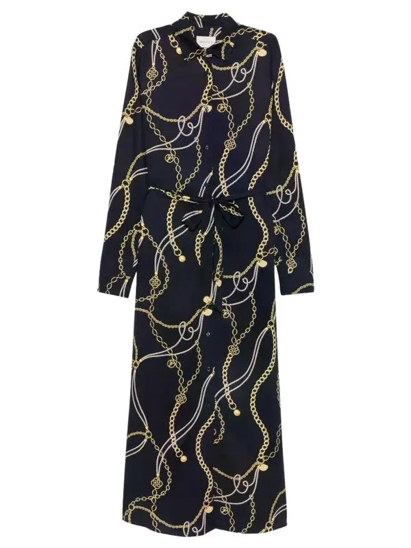 Gant Chain-print Belted Shirt Midi Dress - Blue