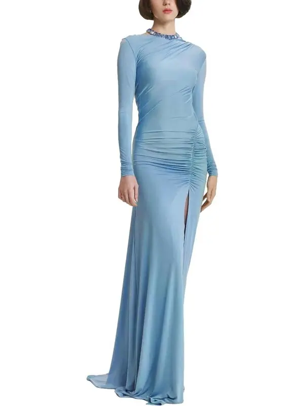 2310 STUDIO Ruched Detail Side Slit Maxi Dress - Blue