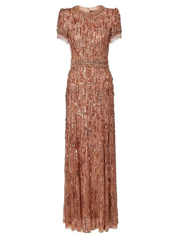 Jenny Packham Roxy Embellished Gown In Sable - Pink