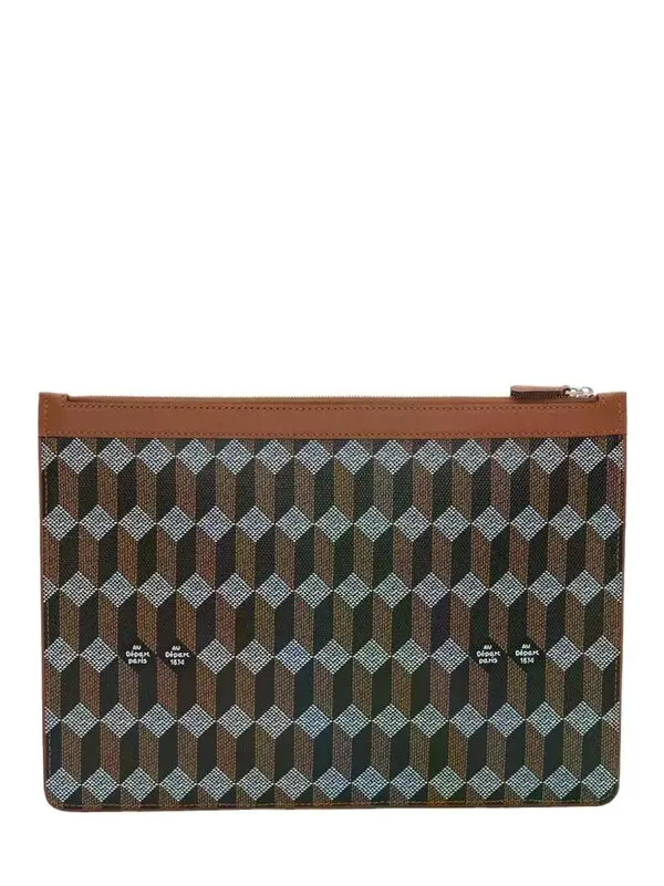 AU DEPART Geometric Print Leather Trim Clutch Bag - Brown