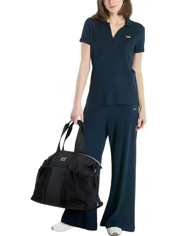 EA7 Ribbed-knit V-neck Polo Shirt - Blue