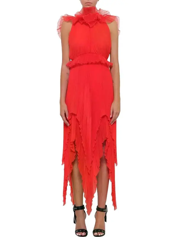 Givenchy Ruffled Pleated High Neck Dress - Red