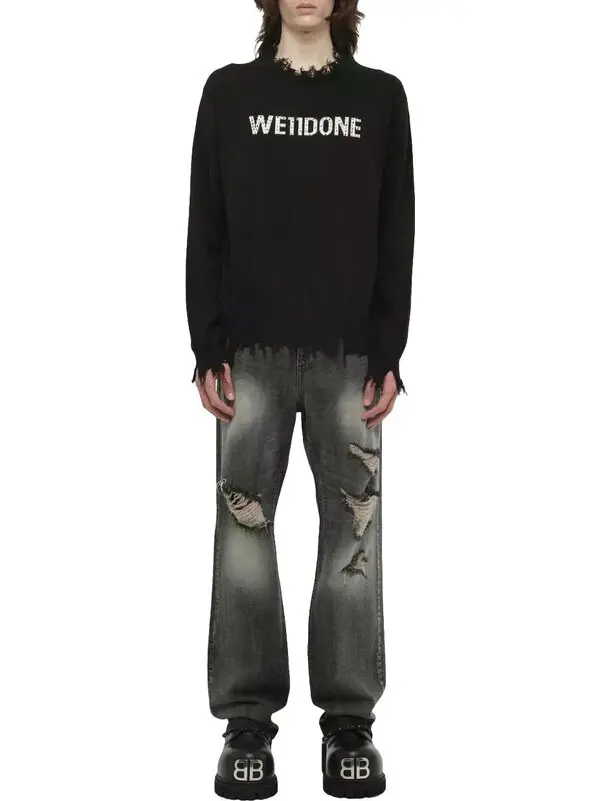 We11Done Rhinestone Embellished Distressed Sweater - Black