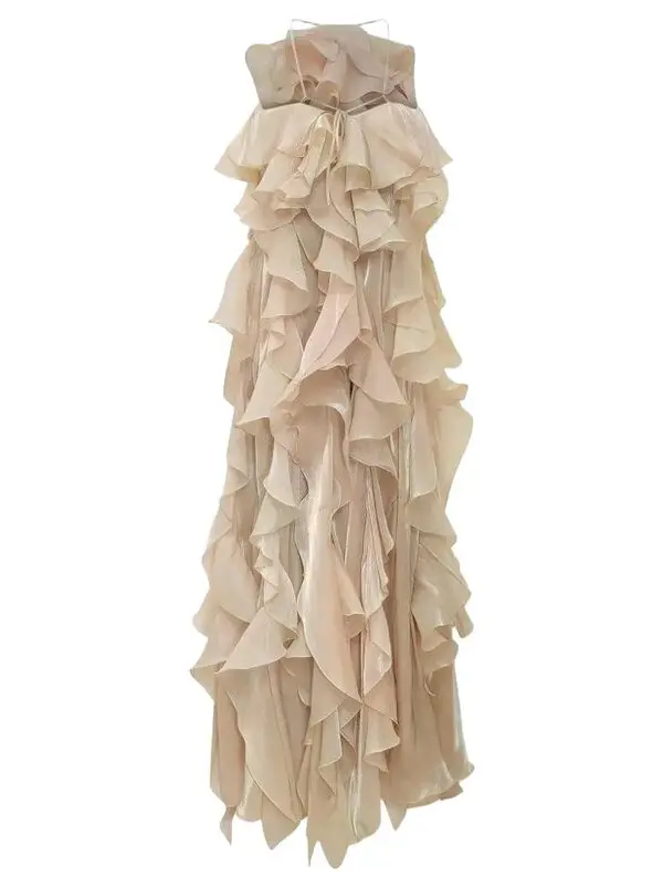 ACTUALEE Ruffled Sleeveless Maxi Dress - Neutrals