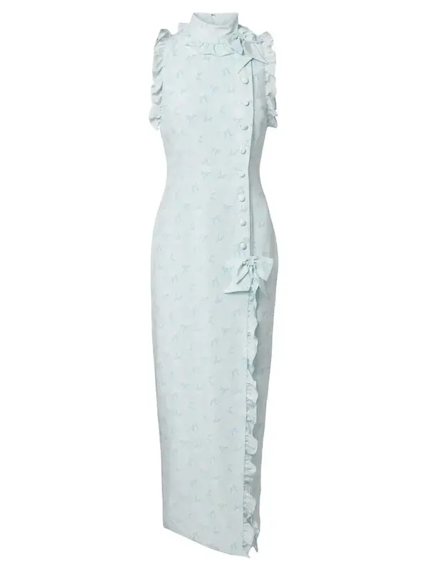 Alessandra Rich Ruffled Bow-detail Silk Maxi Dress - Blue