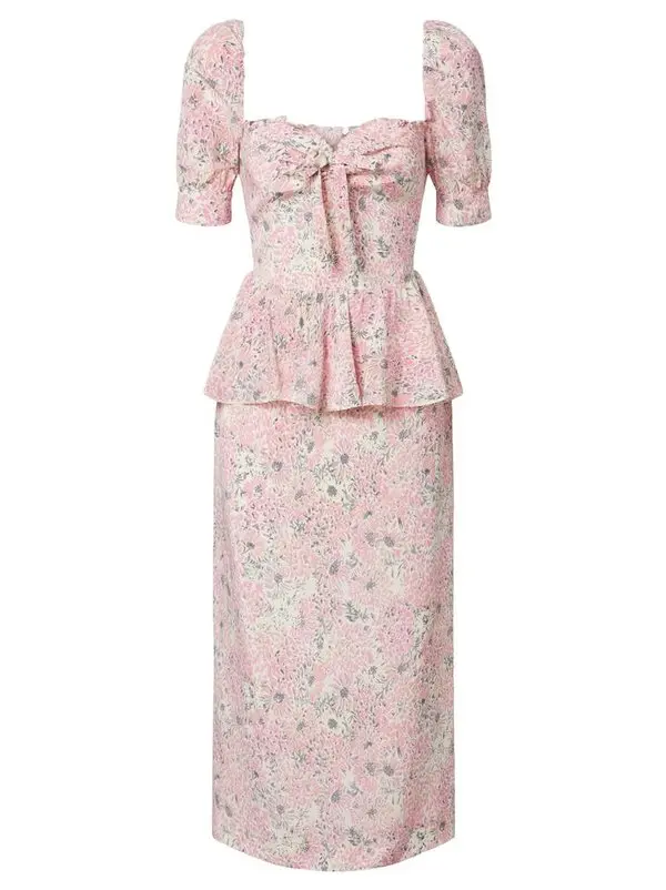 Alessandra Rich Floral Peplum Silk Midi Dress - Pink