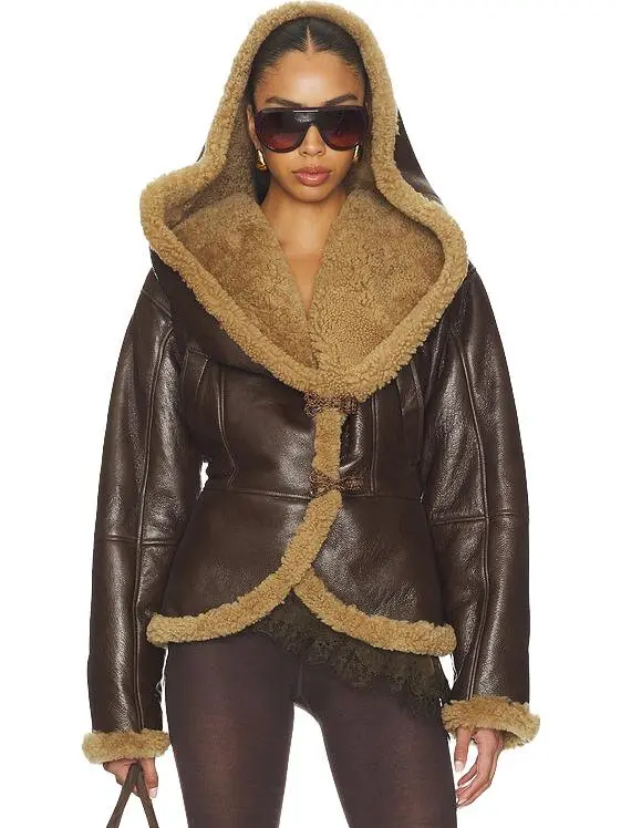 Magda Butrym Leather Shearling Hooded Jacket In . Also - Brown
