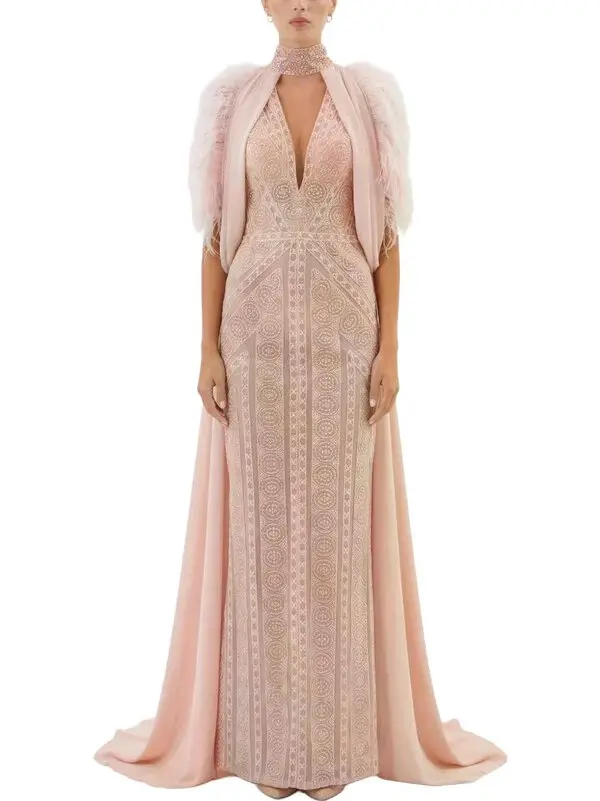 GATTINOLLI BY MARWAN Lace Feathered-trim Gown - Pink