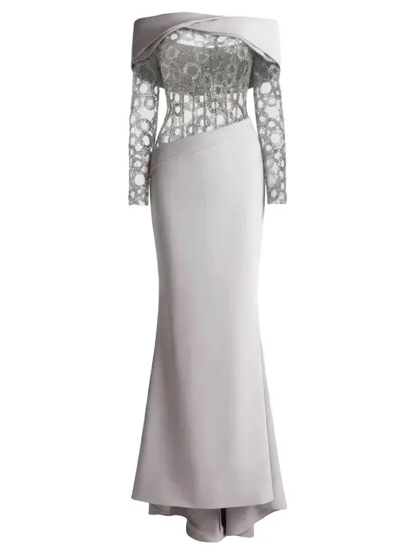 GATTINOLLI BY MARWAN Off-shoulder Embroidered Gown - Grey